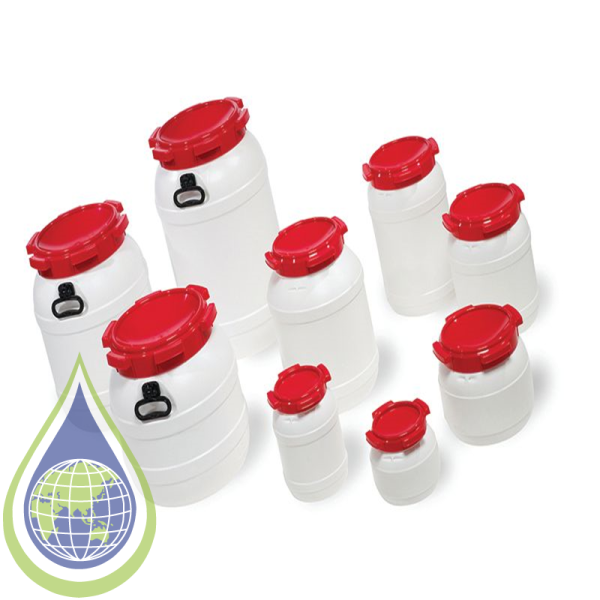 26 Liter White HDPE Wide Neck Drum with 203mm Red Polypropylene Unlined Lid